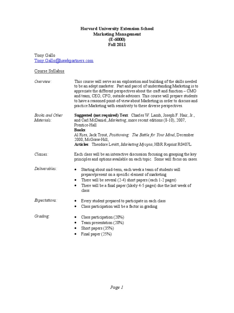 Harvard Marketing Management Syllabus | PDF | Marketing | Cognition