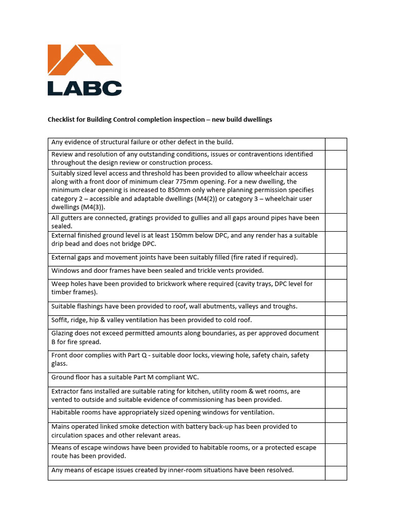 Building Control Completion Checklist | PDF | Building Engineering ...