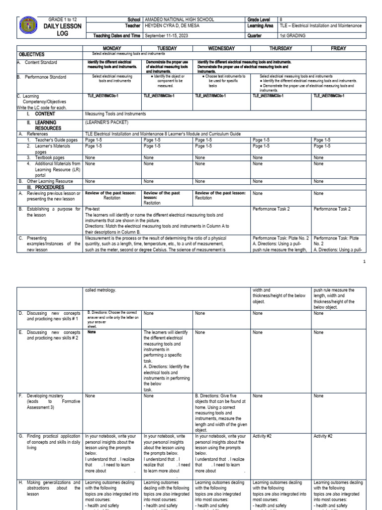 DLL EIM de Mesa 2ND WEEK Sept 11-15 2023 | PDF | Learning | Measurement