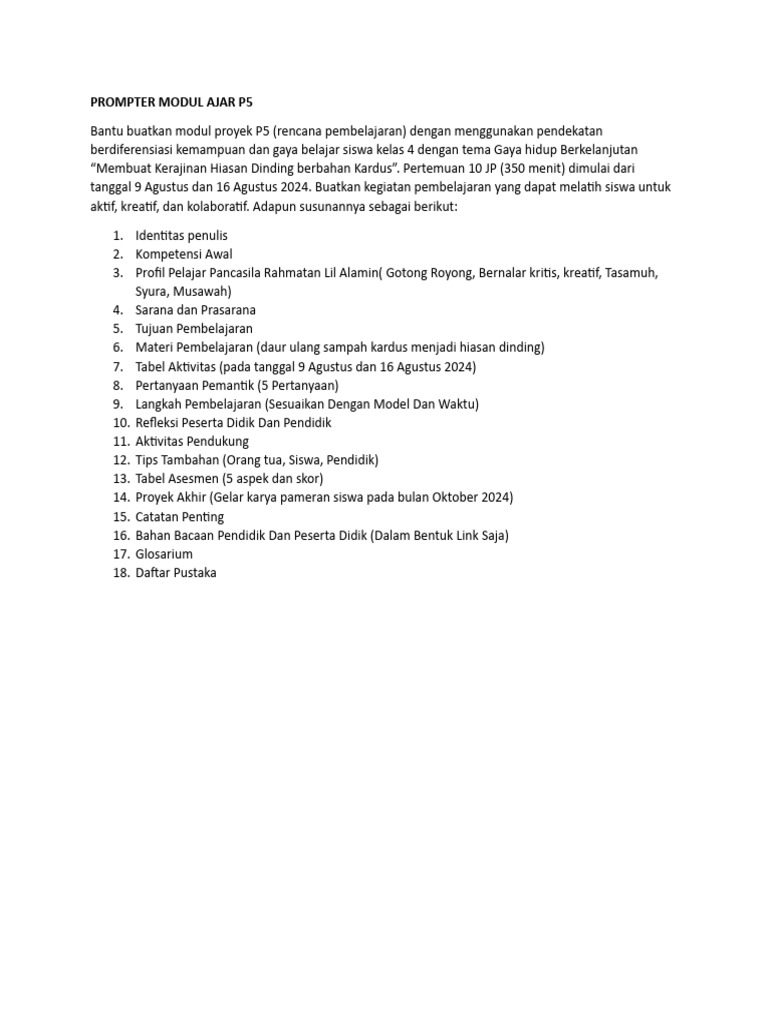 PROMPTER MODUL AJAR P5 Untuk GPT AI | PDF | Griya & Taman