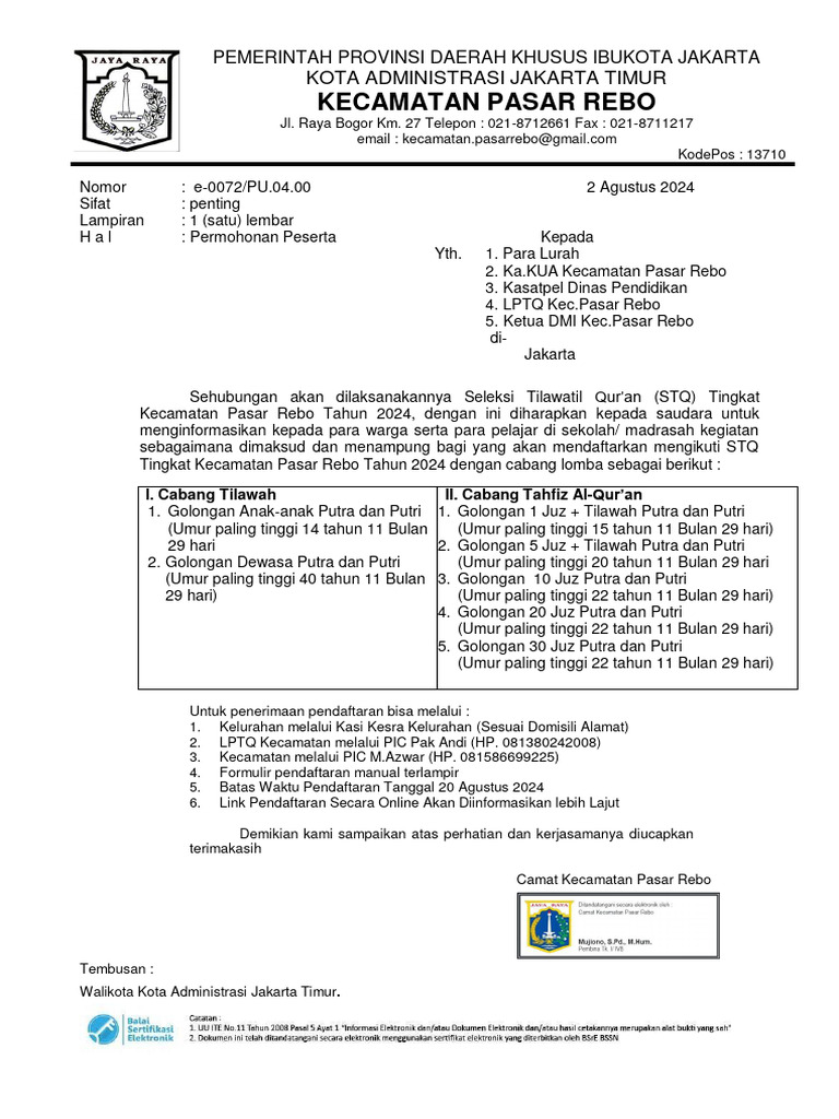 Pendaftaran STQ Kecamatan Pasar Rebo 2024 | PDF
