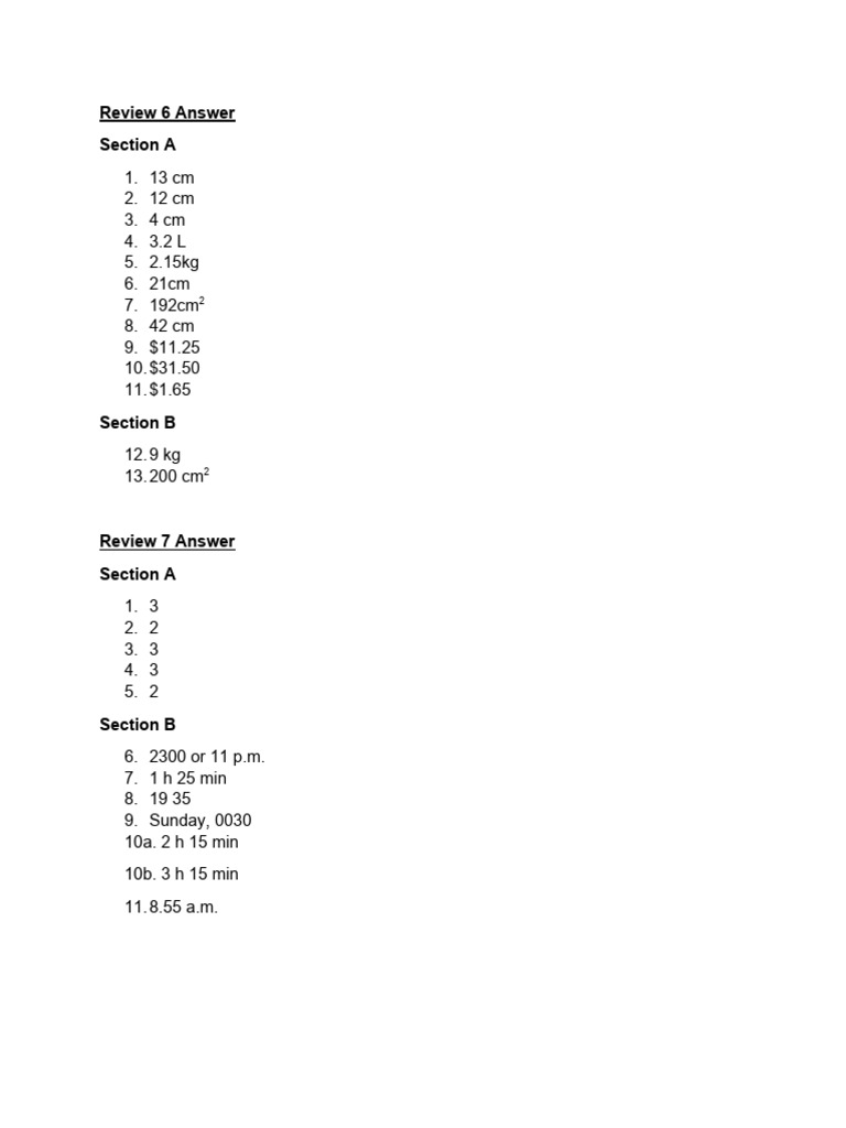 Review Answers: Measurements & Times | PDF