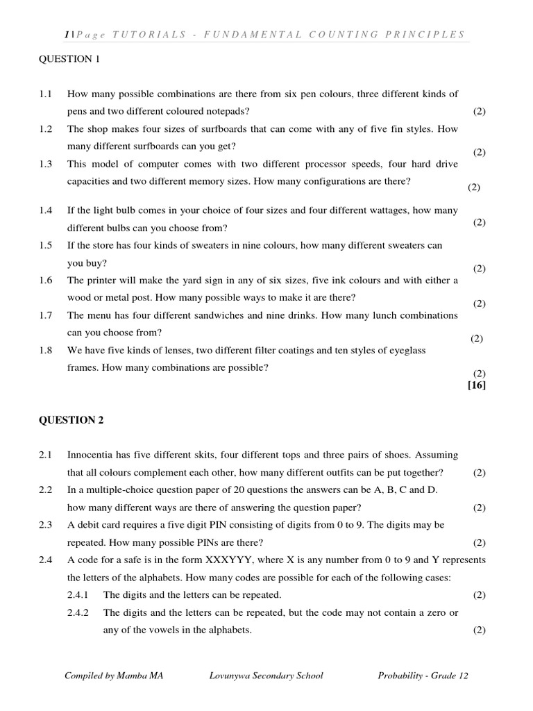 Grade 12 - Probability (Counting Principles) | PDF