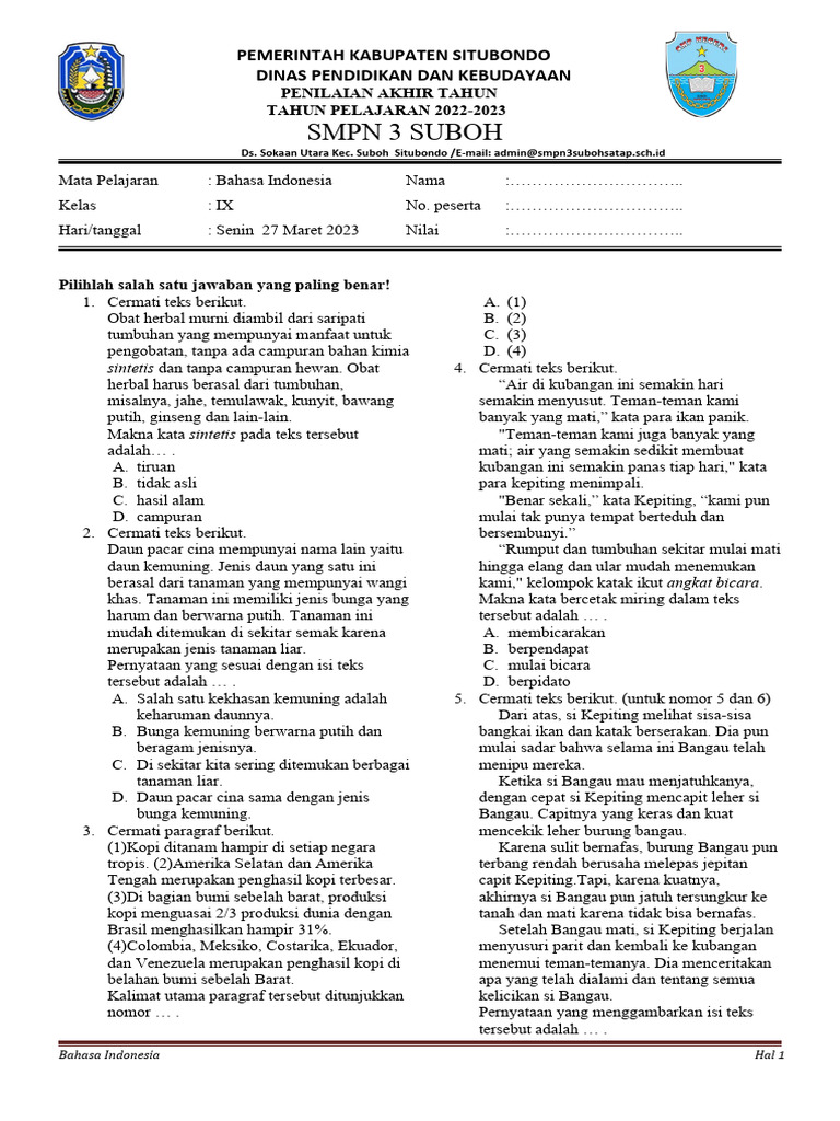 Soal PAT Bindo | PDF | Kajian Bahasa Asing