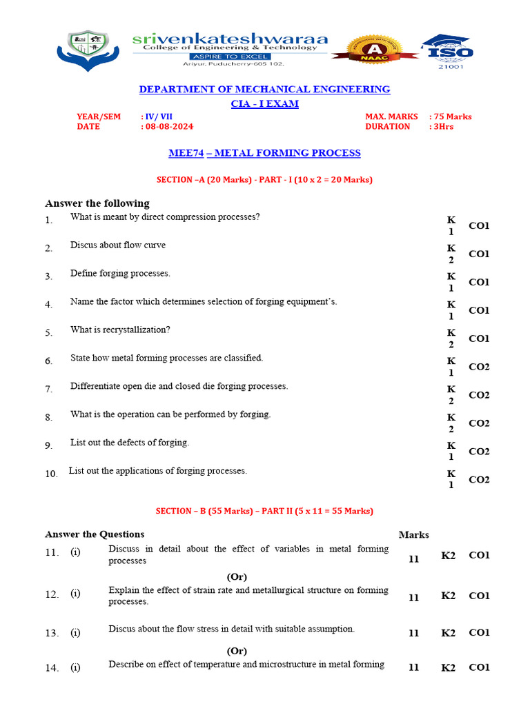 CIA I QP Co Po Mapping MFP | PDF | Forging | Metals