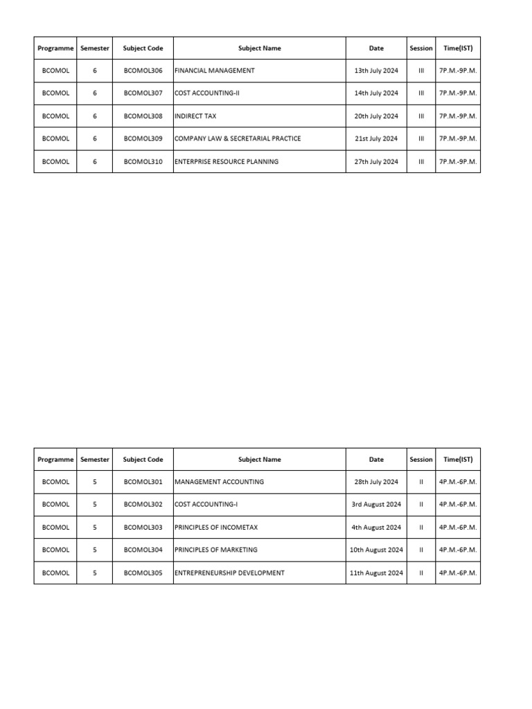 Bcom Exam Schedule JULAUG24 | PDF | Business Economics | Business