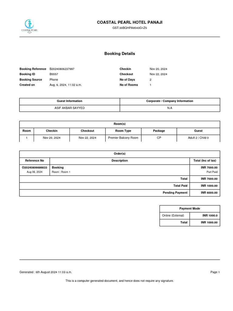Coastal Pearl Hotel Booking Details | PDF | Payments | Taxes