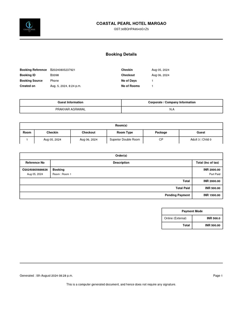 Booking B20240805237921 | PDF | Payments | Computing