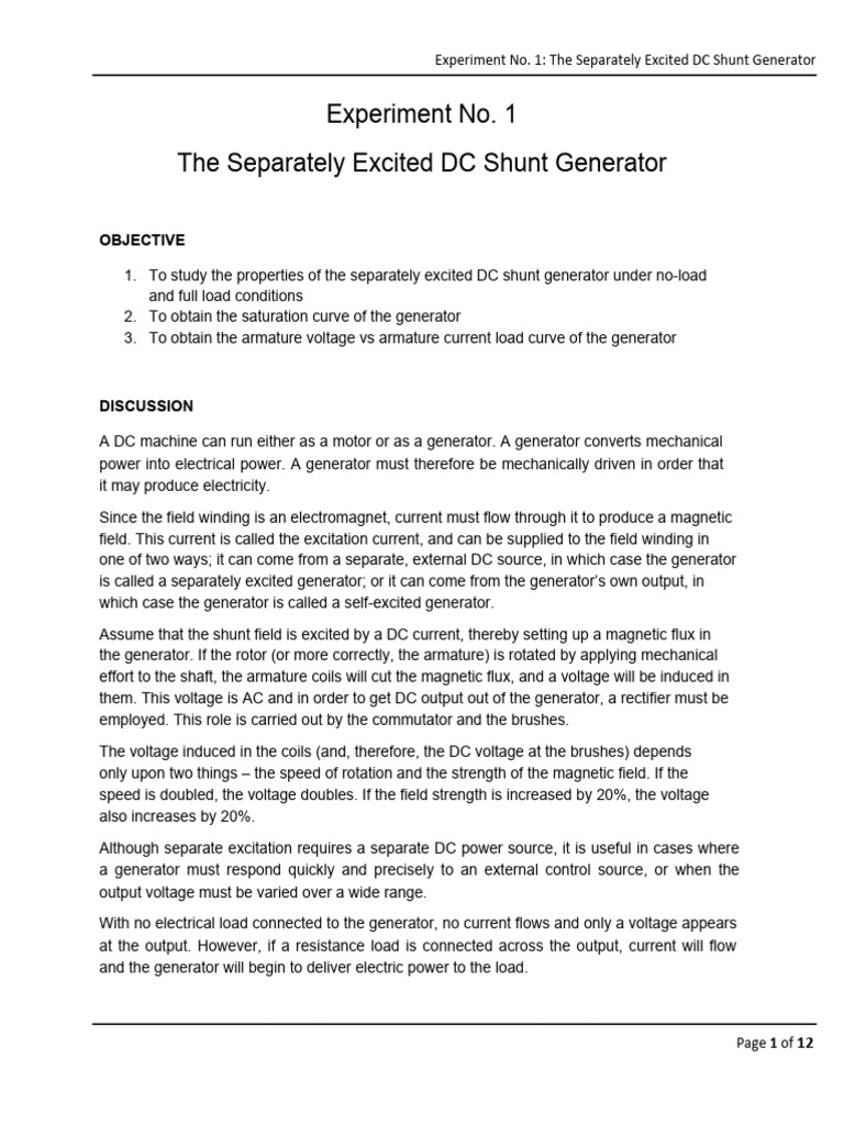 The Separately Excited DC Shunt Generator-EXP1 | PDF | Electric Motor ...
