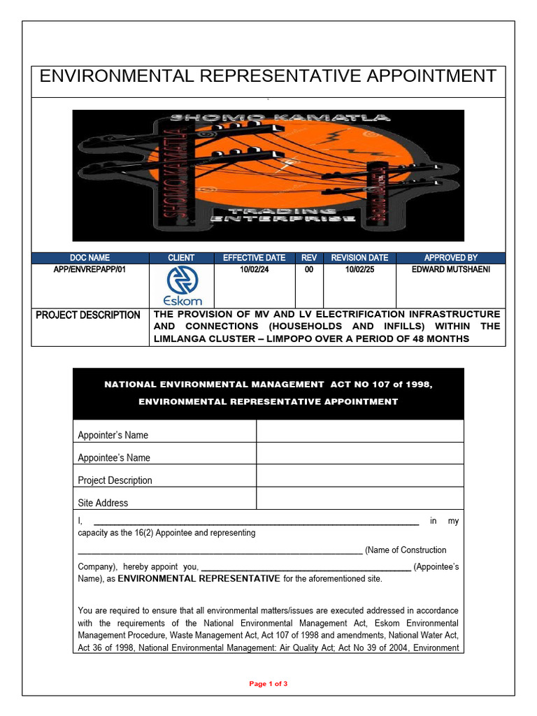 Environmental Representative Appointment | PDF | Natural Environment ...