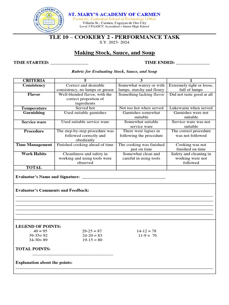 Performance Task Rubrics Stock Soups and Sauces | PDF | Food And Drink ...