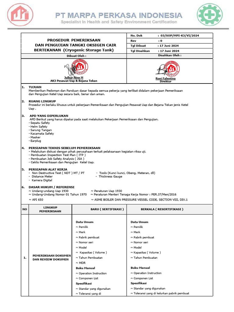 Prosedur Pemeriksaan Tangki Oksigen Cair | PDF | Teknologi & Rekayasa