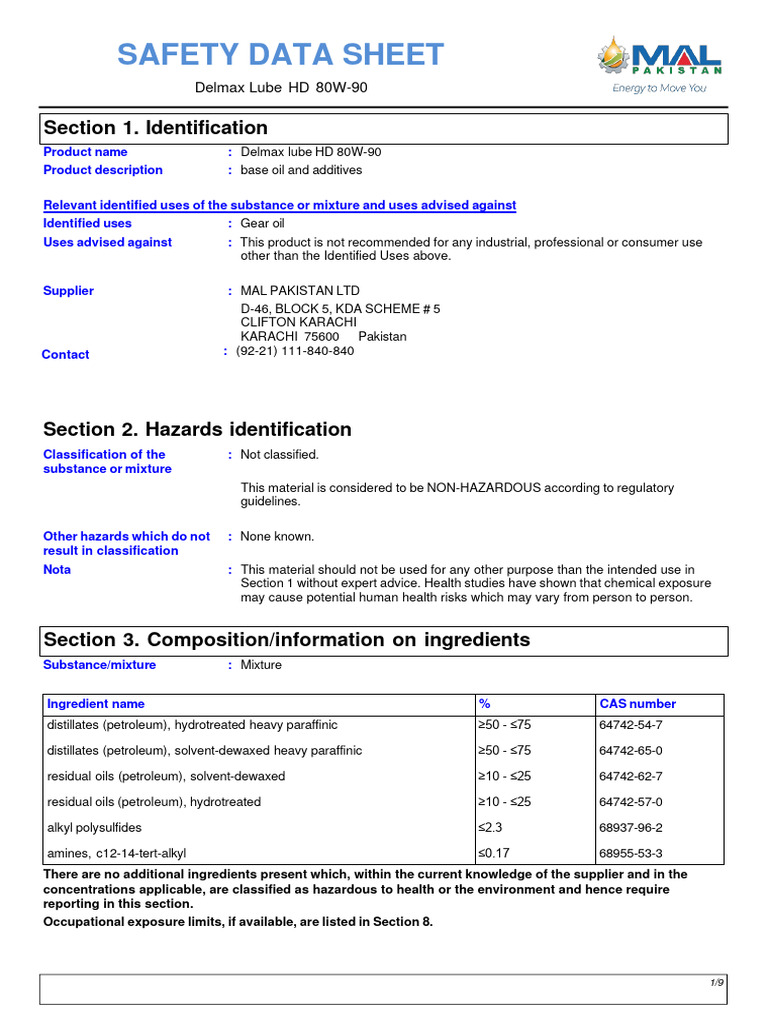 Delmax Lube HD 80w90 MSDS | PDF | Firefighting | Firefighter