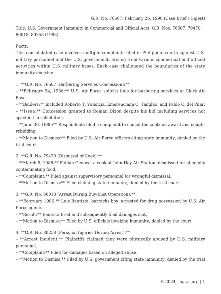 U.S. Government Immunity in Commercial and Official Acts G.R. No. 76607 ...