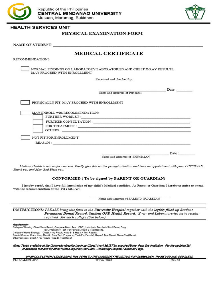 P.E. Form Revised for January 2024 | PDF | Physical Examination ...