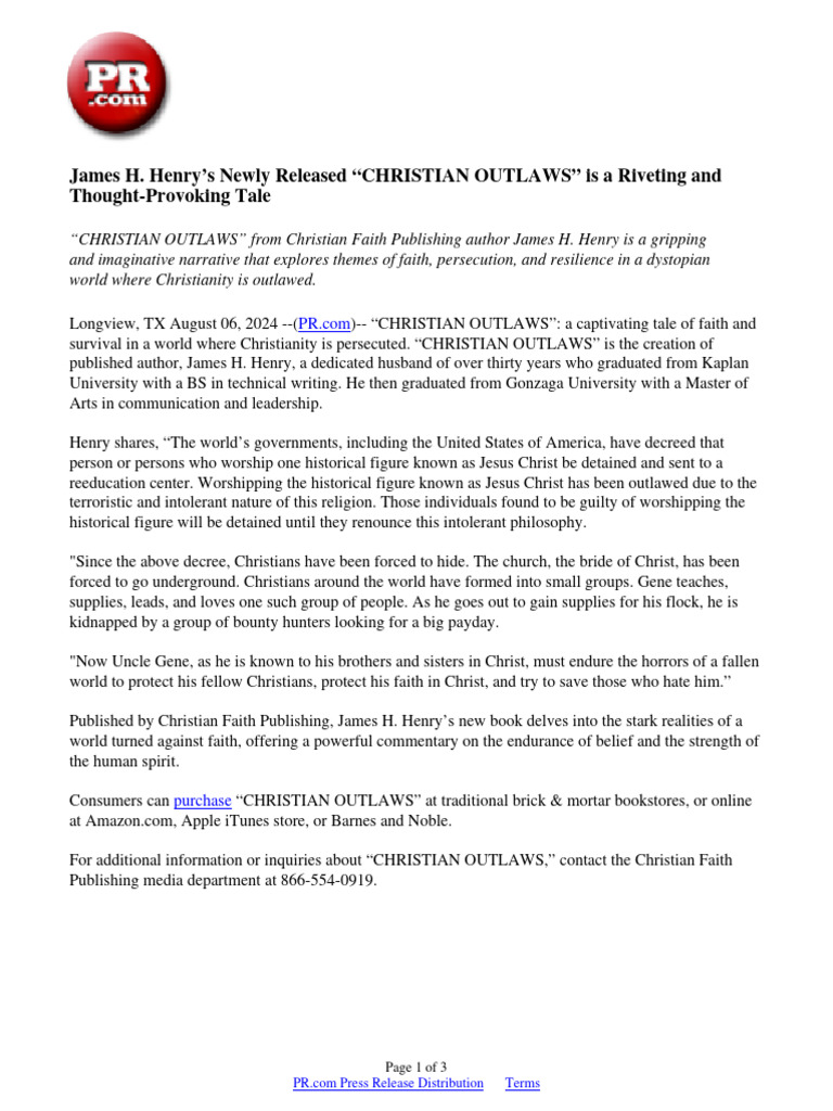 James H. Henry's Newly Released "CHRISTIAN OUTLAWS" Is A Riveting and ...