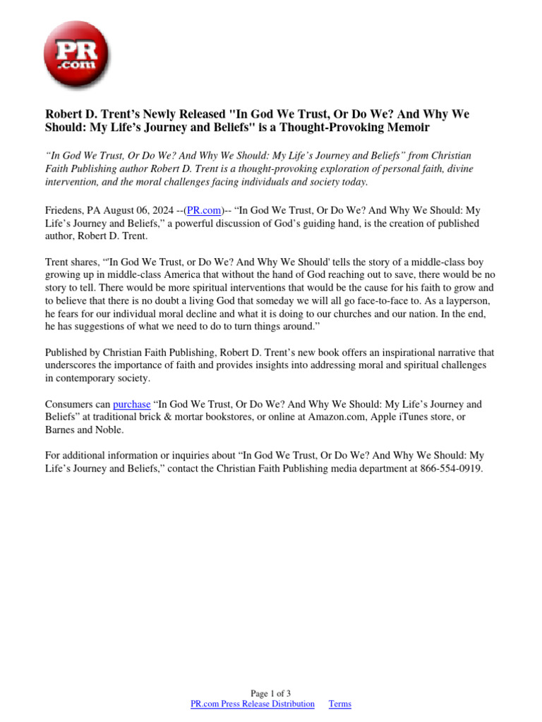Robert D. Trent's Newly Released "In God We Trust, or Do We? and Why We ...
