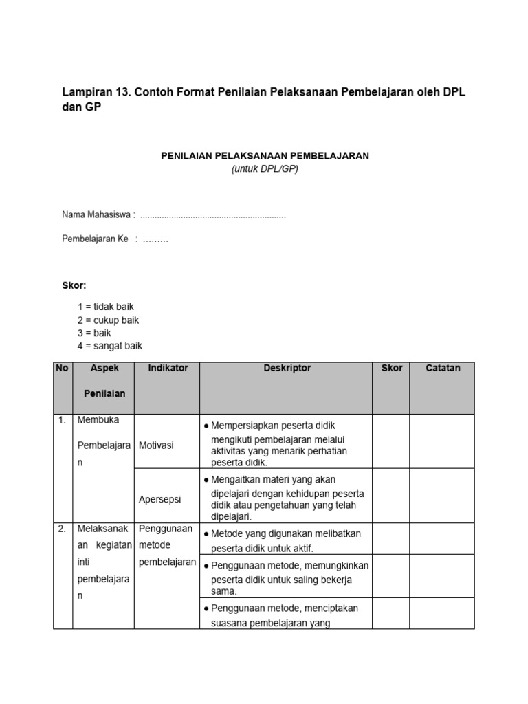 Lampiran 13. Contoh Format Penilaian Pelaksanaan Pembelajaran Oleh DPL ...