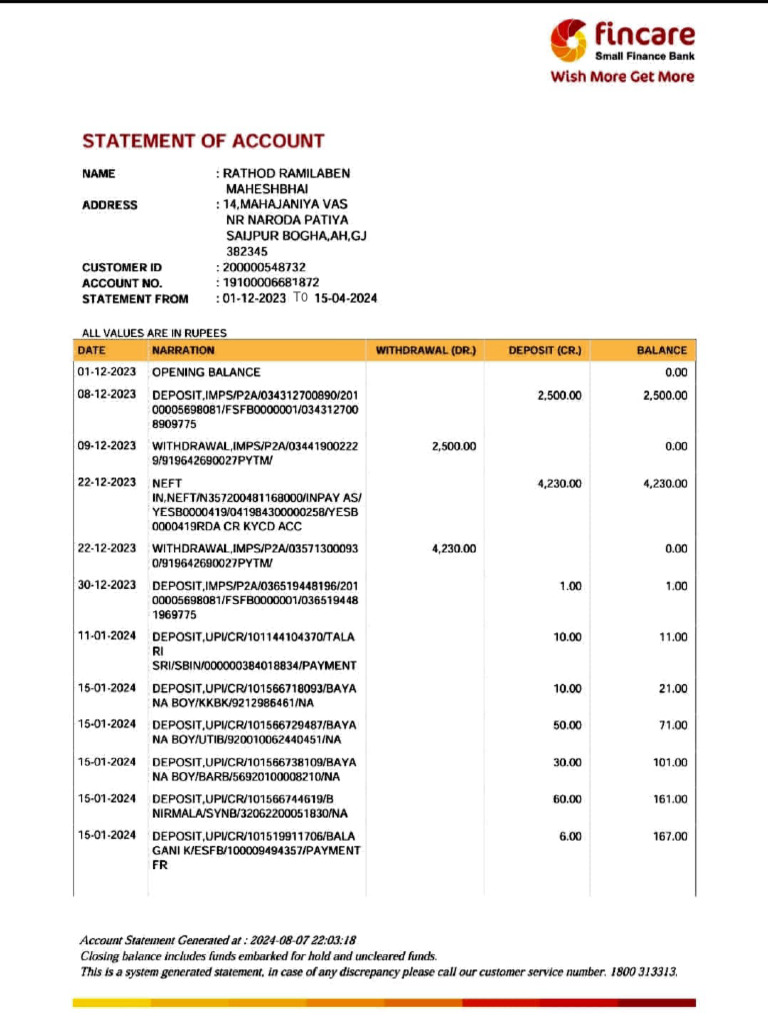 Fincare: Statement of Account | PDF | Banking | Financial Services