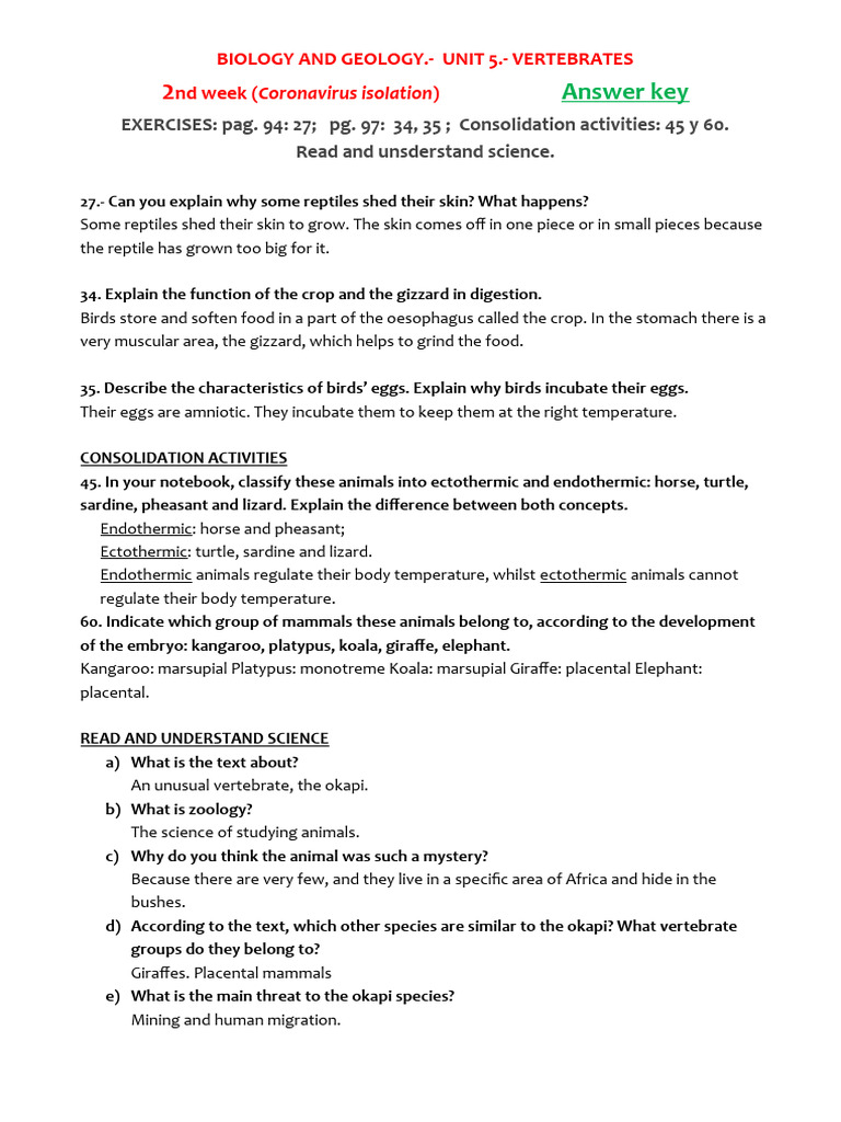 Vertebrates: Biology Unit 5 Answers | PDF