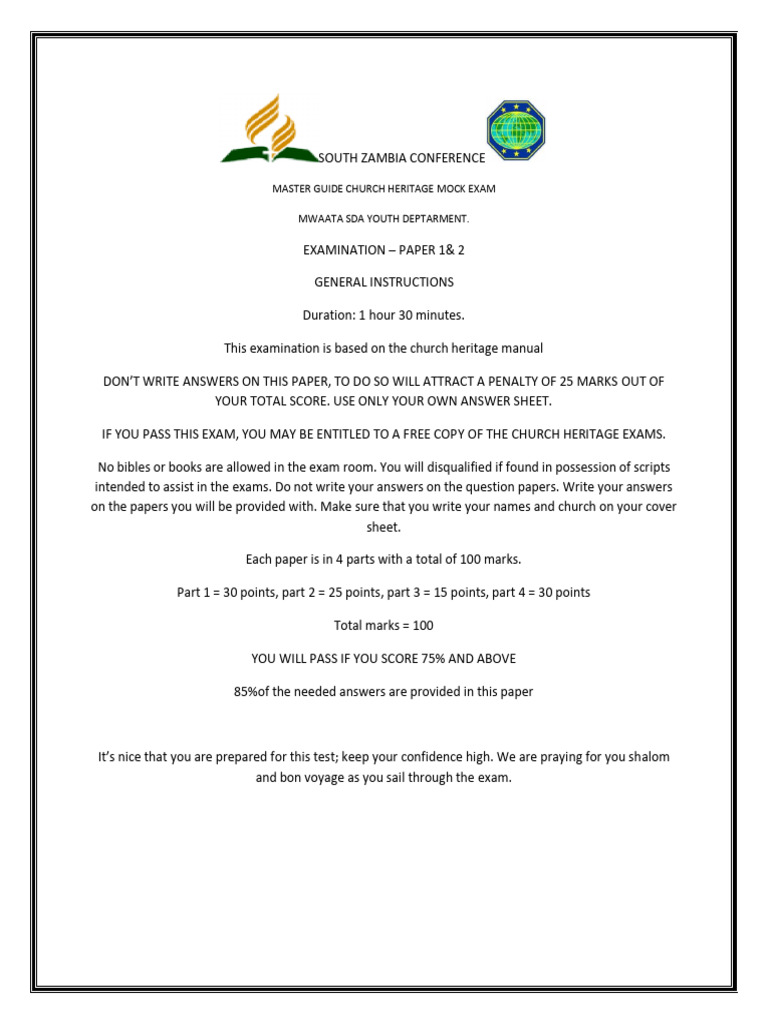 Church Heritage Mock Exam Guide | PDF | Seventh Day Adventist Church | Restorationism (Christianity)