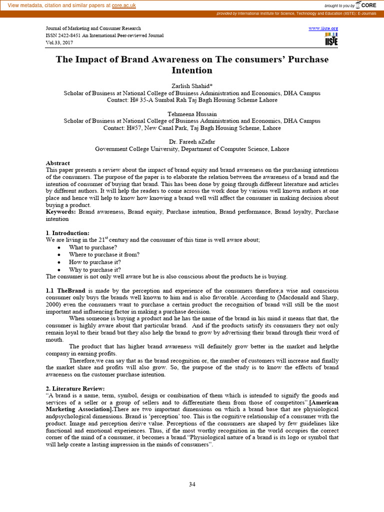 The Impact of Brand Awareness On The Consumers' Purchase Intention | PDF | Brand | Consumer ...