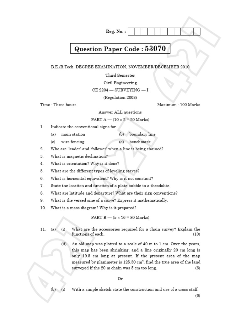 CE 2204 - SURVEYING - I Nov Dec 2010 | PDF | Surveying | Geometry