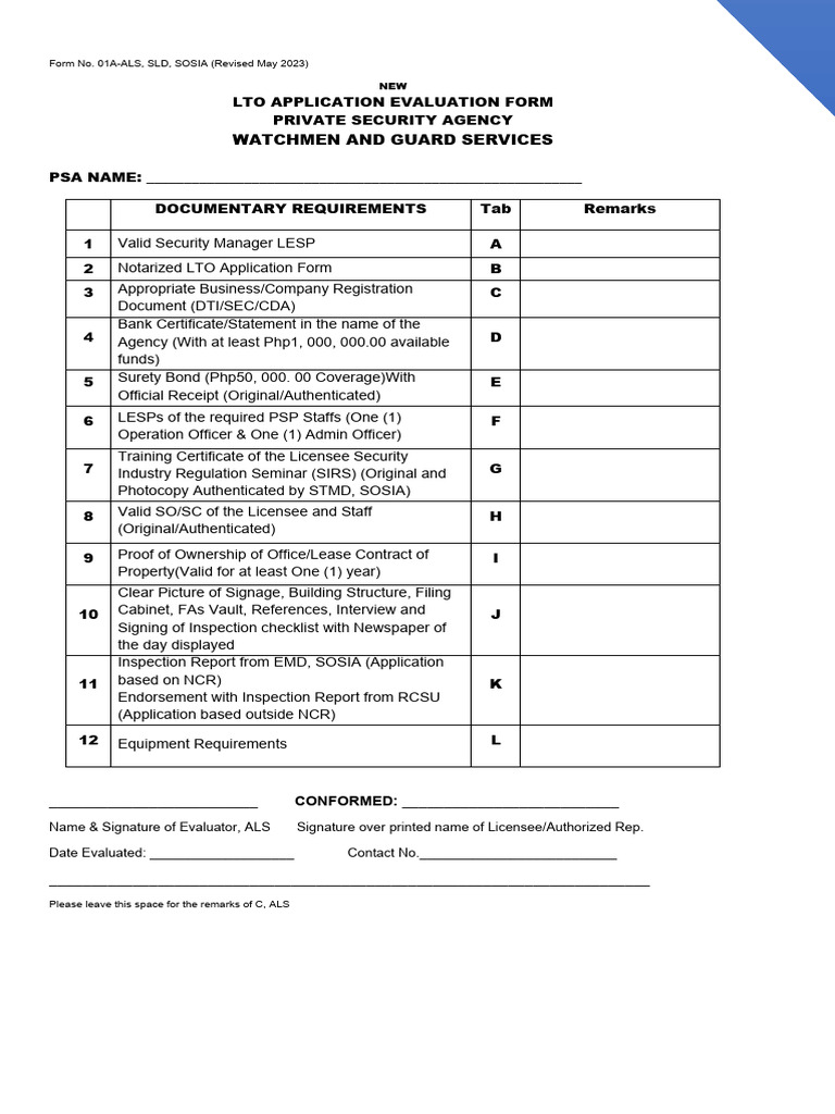 LTO Application Evaluation Form Private Security Agency Watchmen and ...