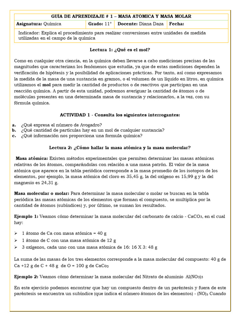 Guía de Aprendizaje 1 - Masa Atomica y Masa Molar | PDF | Mole (Unidad ...