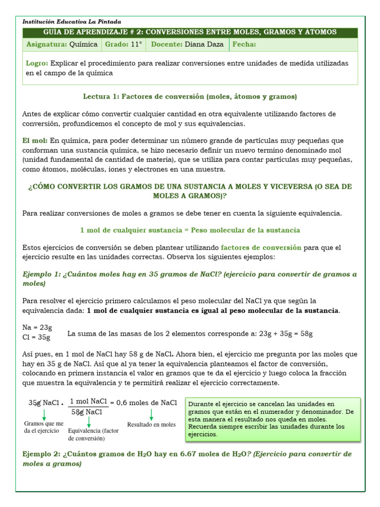 Conversiones Químicas: Moles, Gramos y Átomos | PDF | Mole (Unidad) | Química