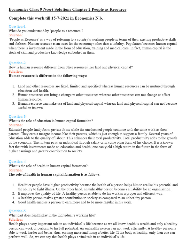 Economics Class 9 Solutions Chapter 2 People As Resource | PDF ...