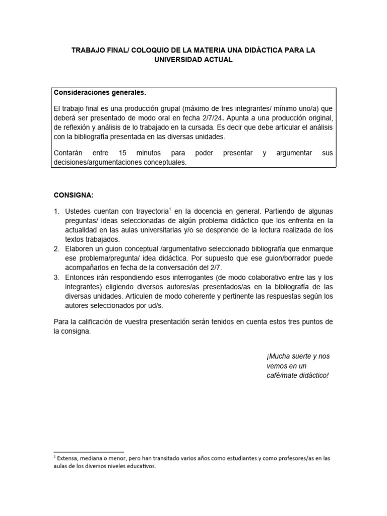 CONSIGNAS DEL TRABAJO FINAL julio 2024 | PDF