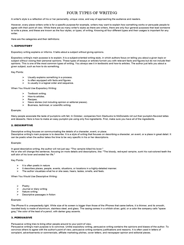 Four Types of Writing | PDF | Narration | Human Communication