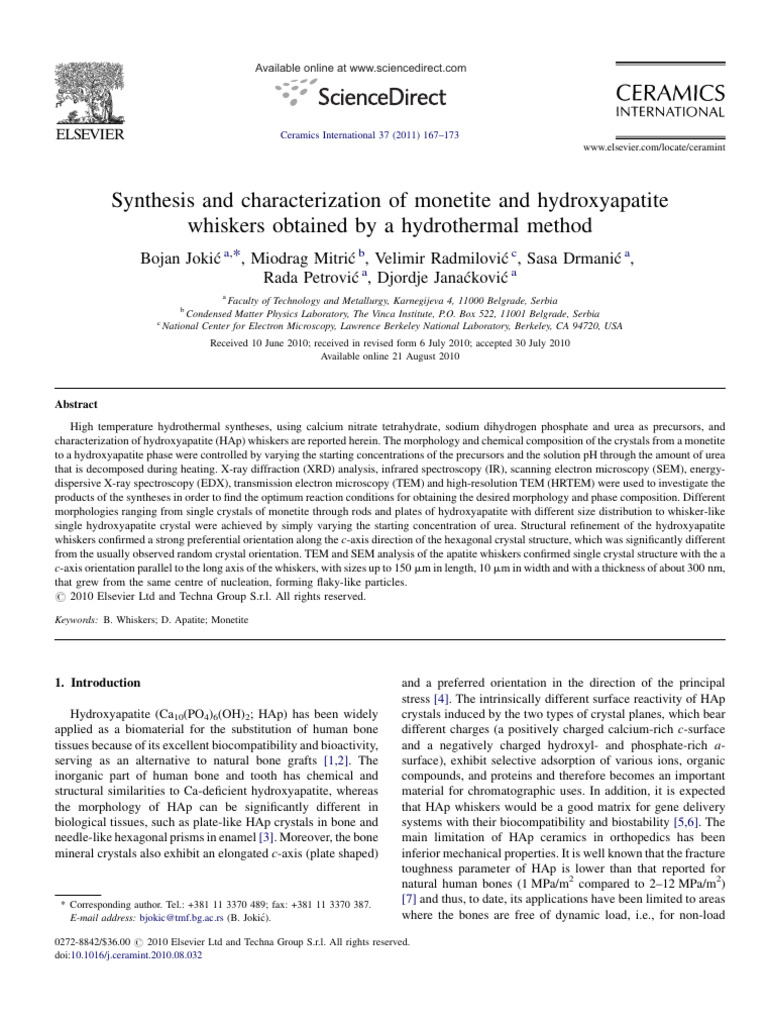 Synthesis and Characterization of Monetite and Hydroxyapatite Whiskers ...