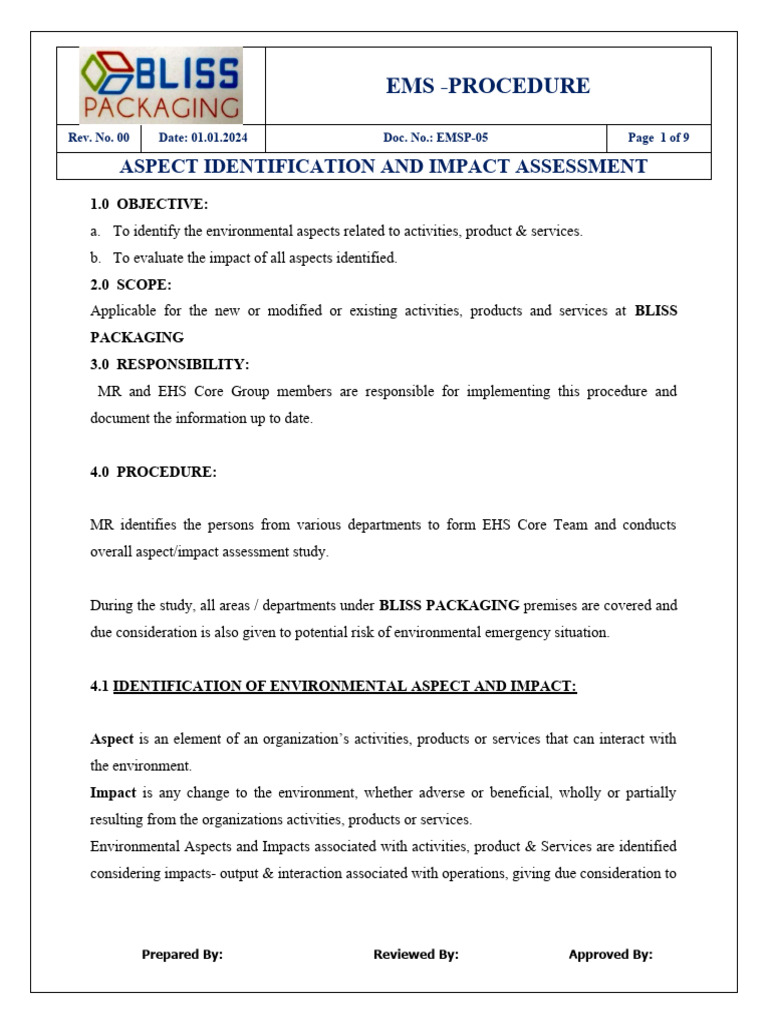 Procedure Aspect Identification Impact Assessment | PDF | Waste ...
