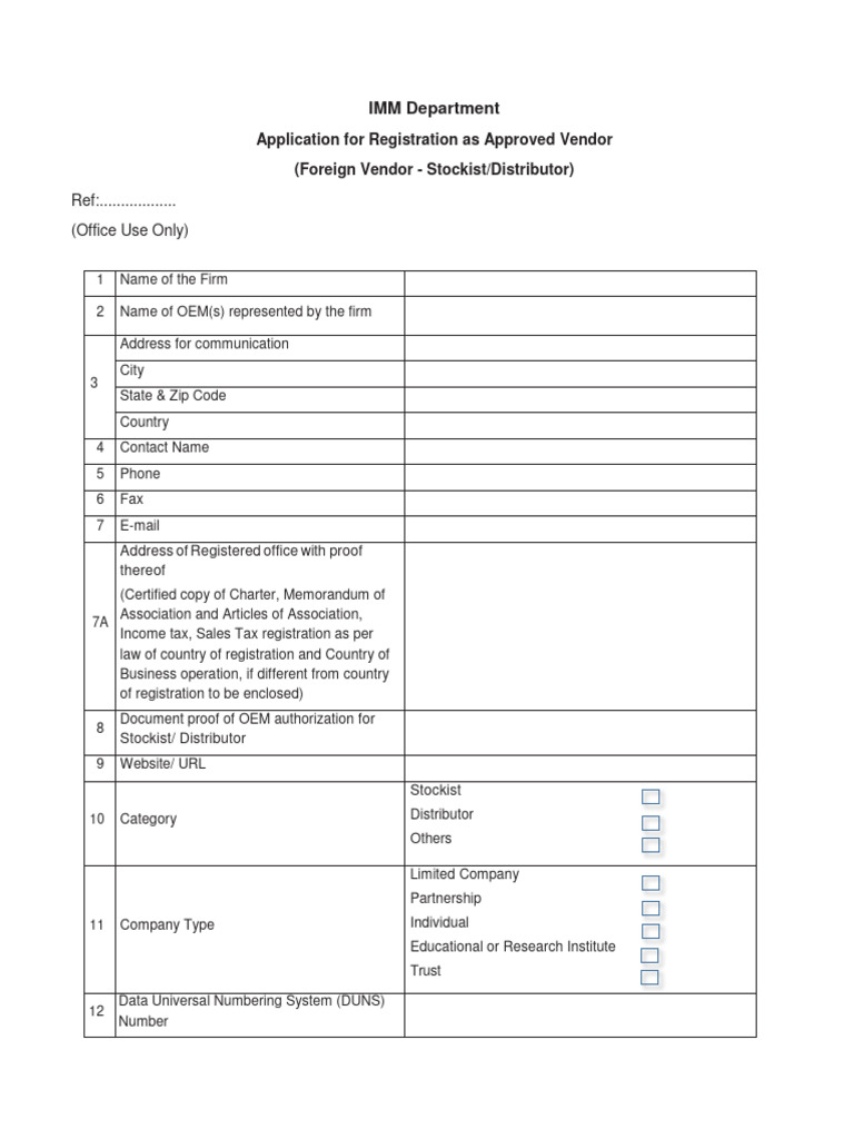 Registration of Foreign Vendor Stockist Distributor Application Form ...