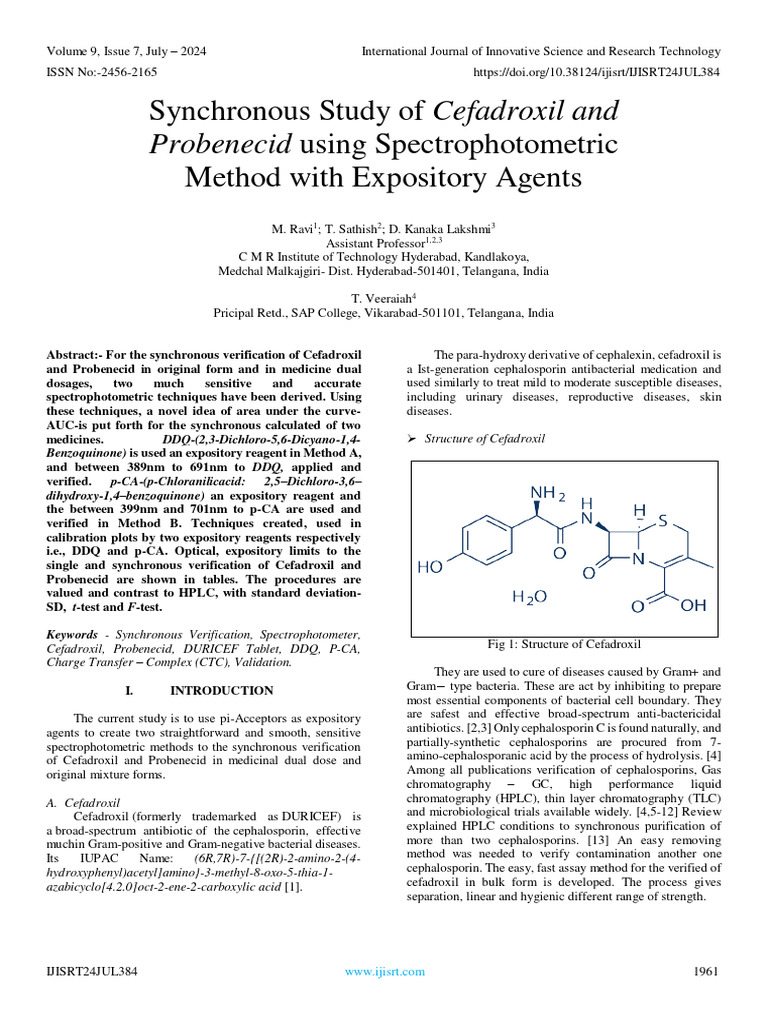 Synchronous Study of Cefadroxil and Probenecid Using Spectrophotometric Method With Expository ...