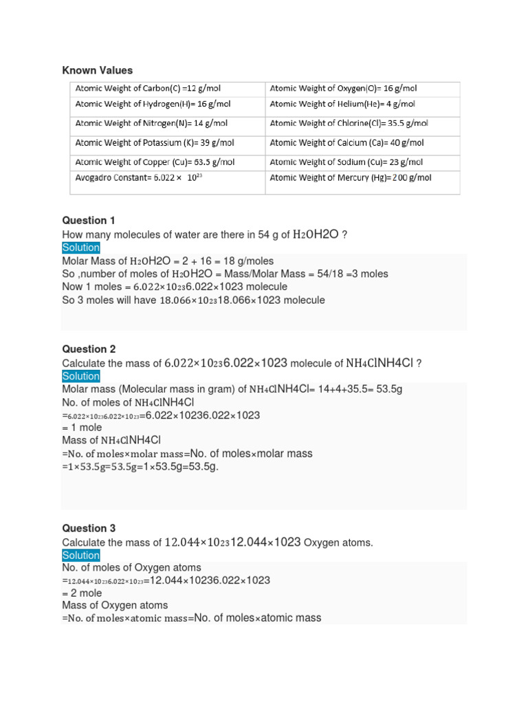 Moles Questions and Answers | PDF | Mole (Unit) | Gases