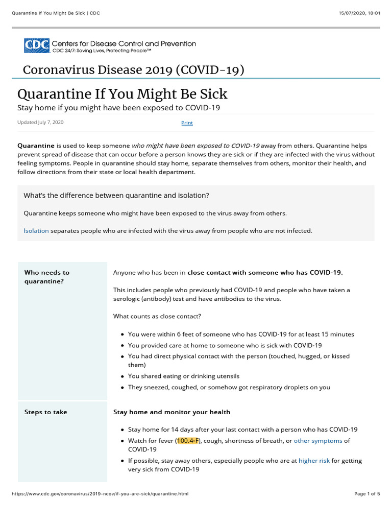 Quarantine If You Might Be Sick - CDC | PDF | Quarantine | Medicine