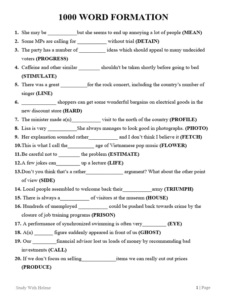 1000 WORD FORMATION Study With Helene | PDF