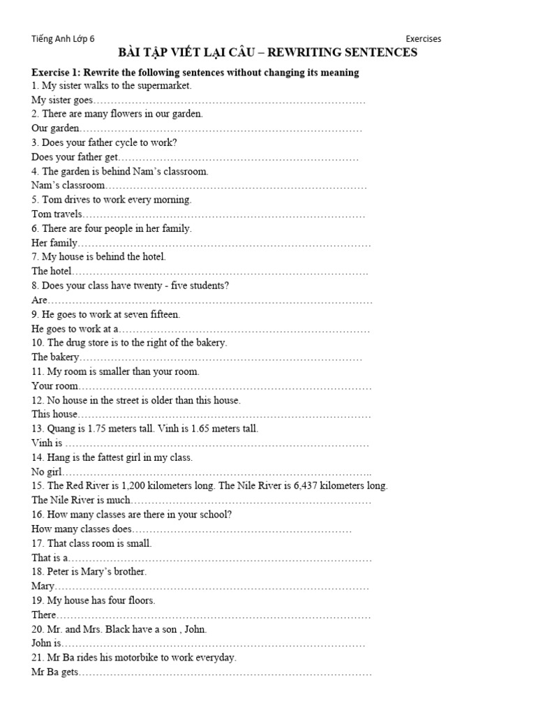 TA6 - BÀI TẬP VIẾT LẠI CÂU | PDF