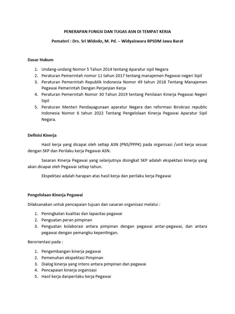 Resume E-Learning Penerapan Fungsi Dan Tugas Asn Di Tempat Kerja | PDF