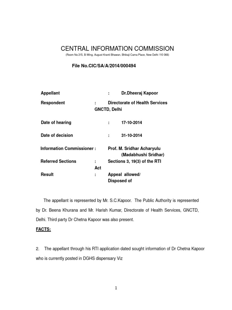 Central Information Commission: File No - CIC/SA/A/2014/000494 | PDF ...