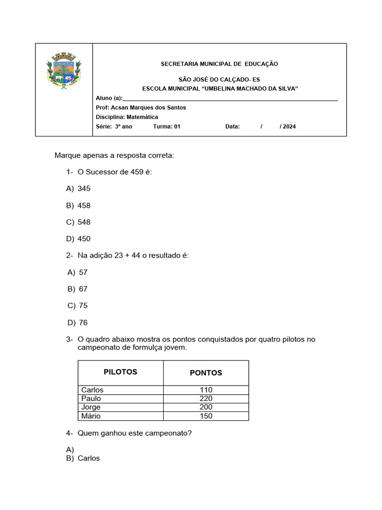 Prova de matemática 3 ano | PDF