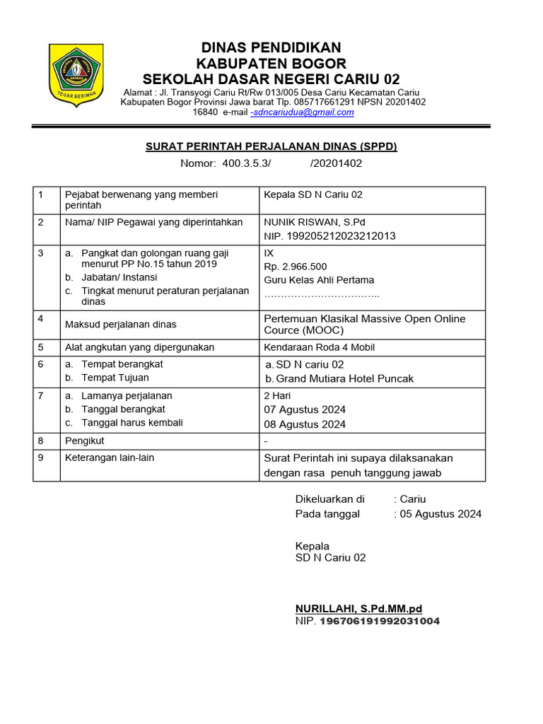 Surat Perintah Perjalanan Dinas (SPPD) Lulu F | PDF