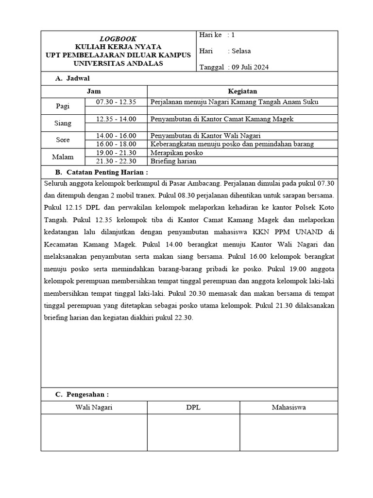 Logbook KKN Universitas Andalas 2024 | PDF
