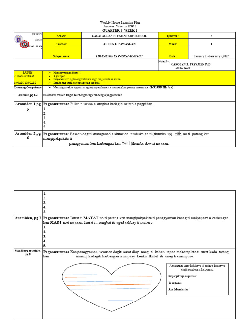 Answer Sheet Q3-Week 1 | PDF