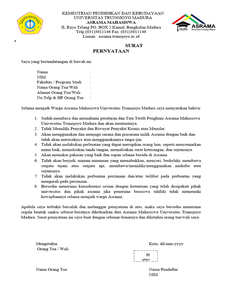 Surat Pernyataan Pendaftaran Asrama Mahasiswa Utm | PDF