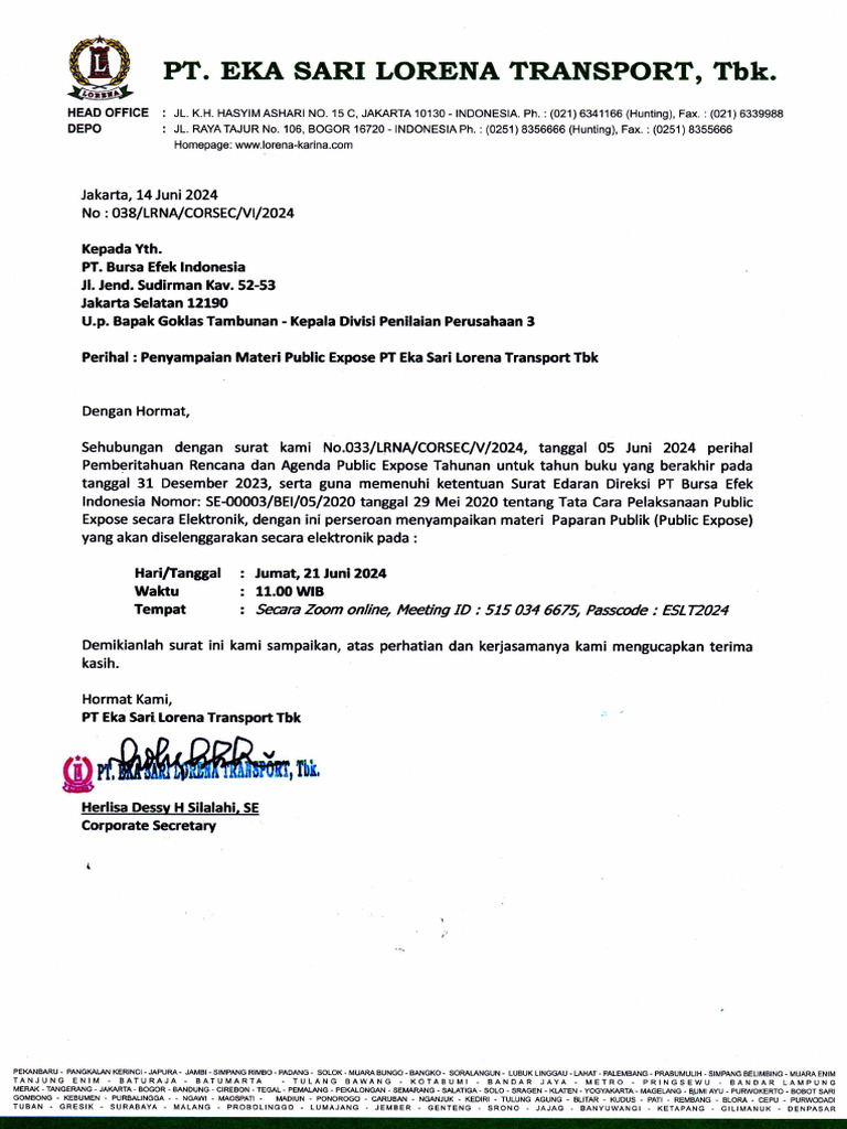 Teri Public Expose PT Eka Sari Lorena Transport TBK 2023 | PDF | Pengelolaan Keuangan & Uang