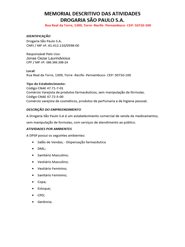 38-DSP 0695 TORRE-MEMORIAL DESCRITIVO DE ATIVIDADE-ass. - 1 | PDF | Farmacêutico